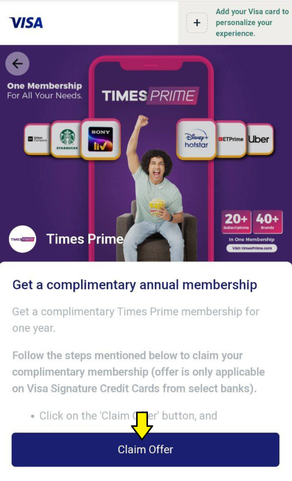 12 Months Free Times Prime Membership Using VISA Card